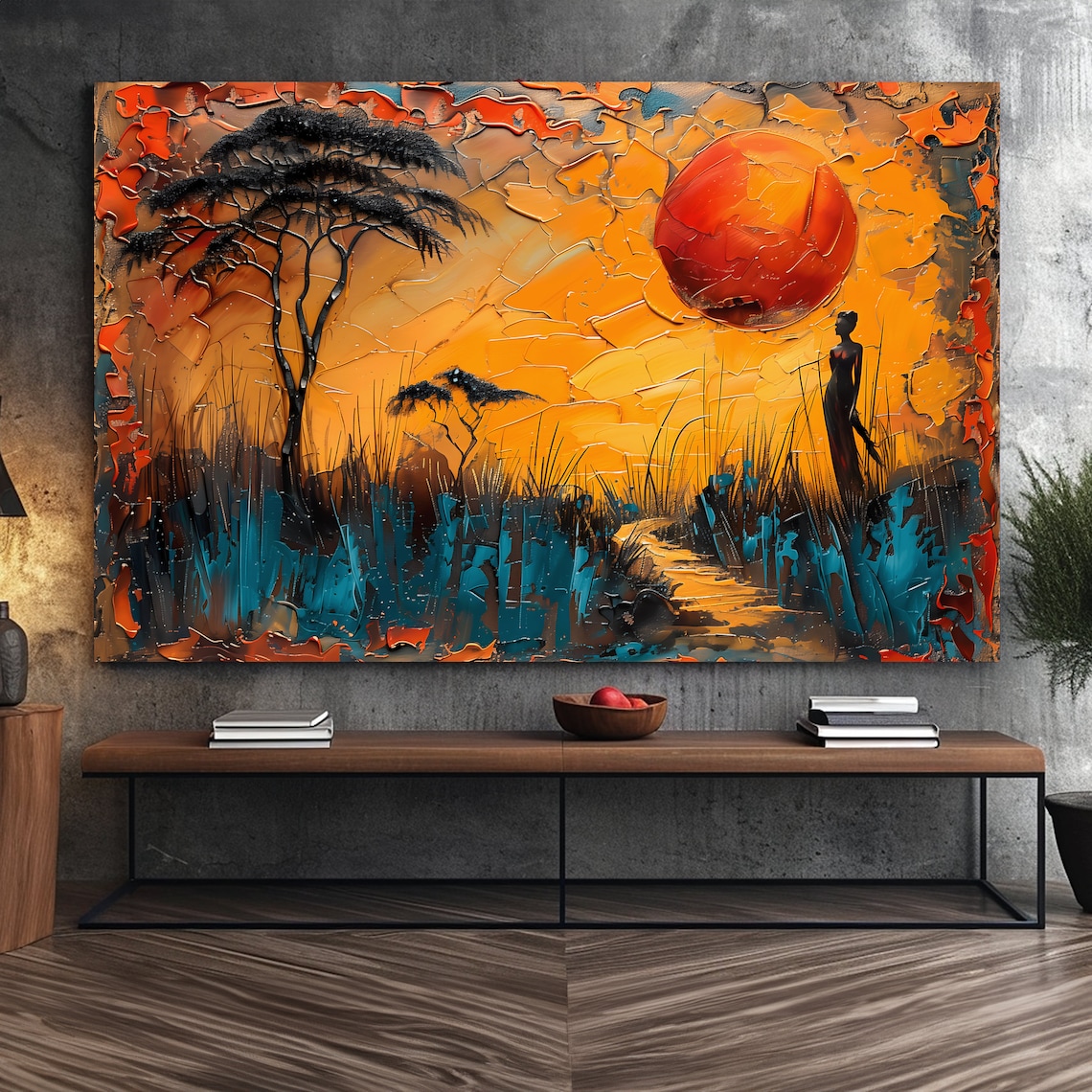 Wall Art African Canvas Print, Woman and Sunset Oil Painting, African Wall Art, Textured Canvas ...