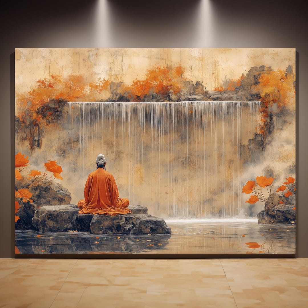 Japandi Waterfall Monk Canvas Wall Art | Autumn Zen Garden | Meditation ...