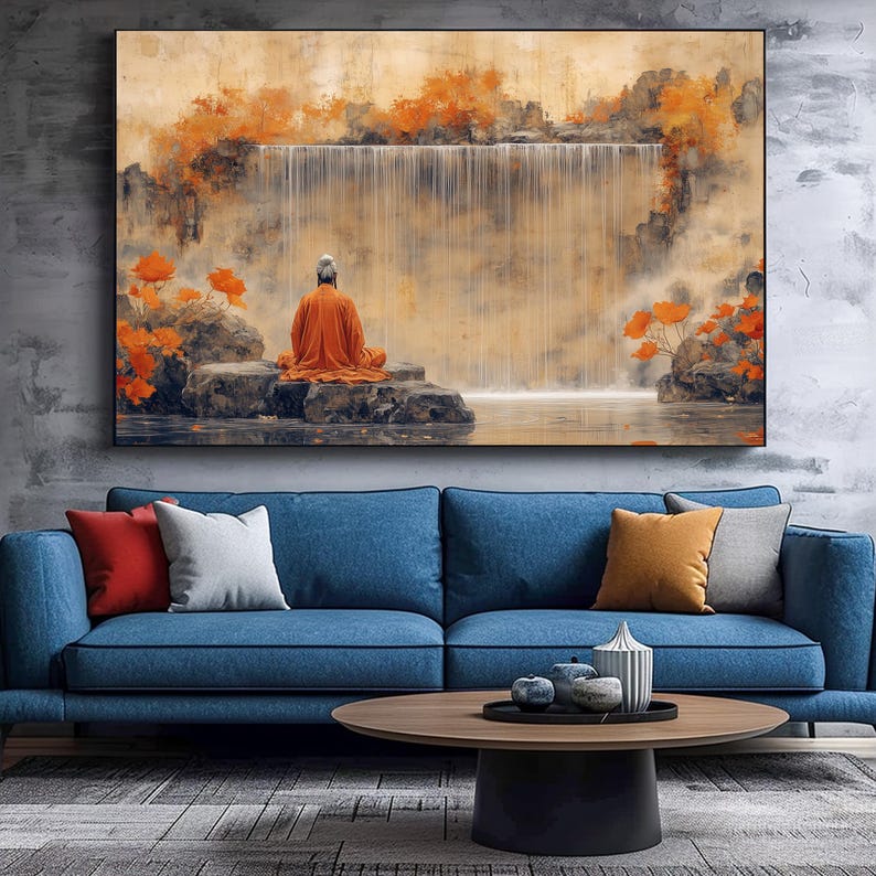 Japandi Waterfall Monk Canvas Wall Art | Autumn Zen Garden | Meditation ...