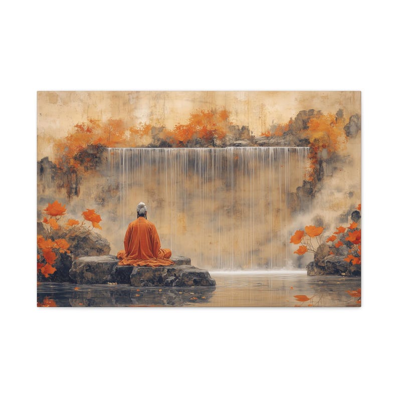Japandi Waterfall Monk Canvas Wall Art | Autumn Zen Garden | Meditation ...