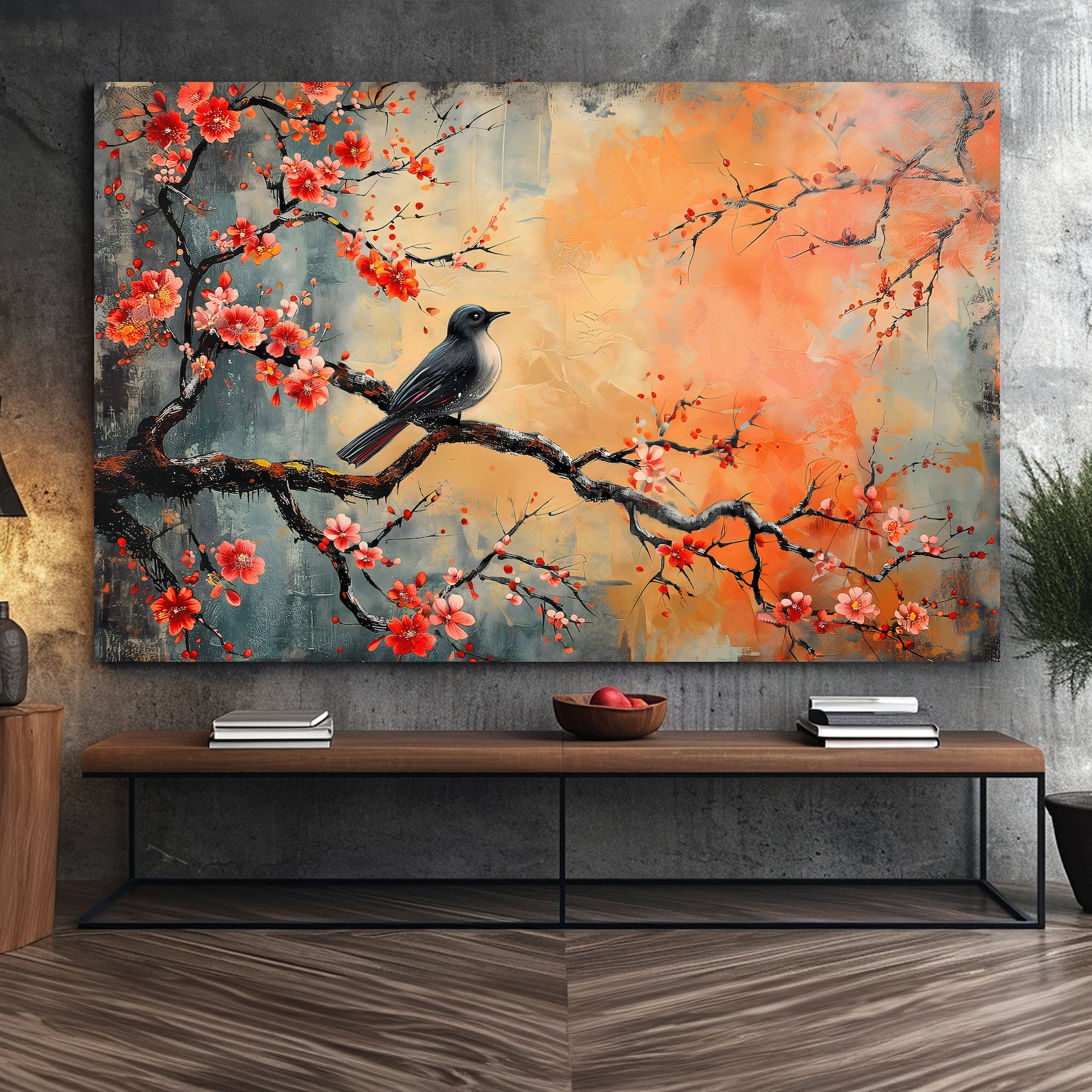 Wall Art Japandi Canvas Print, Japanese Oil Painting, Japandi Bird ...