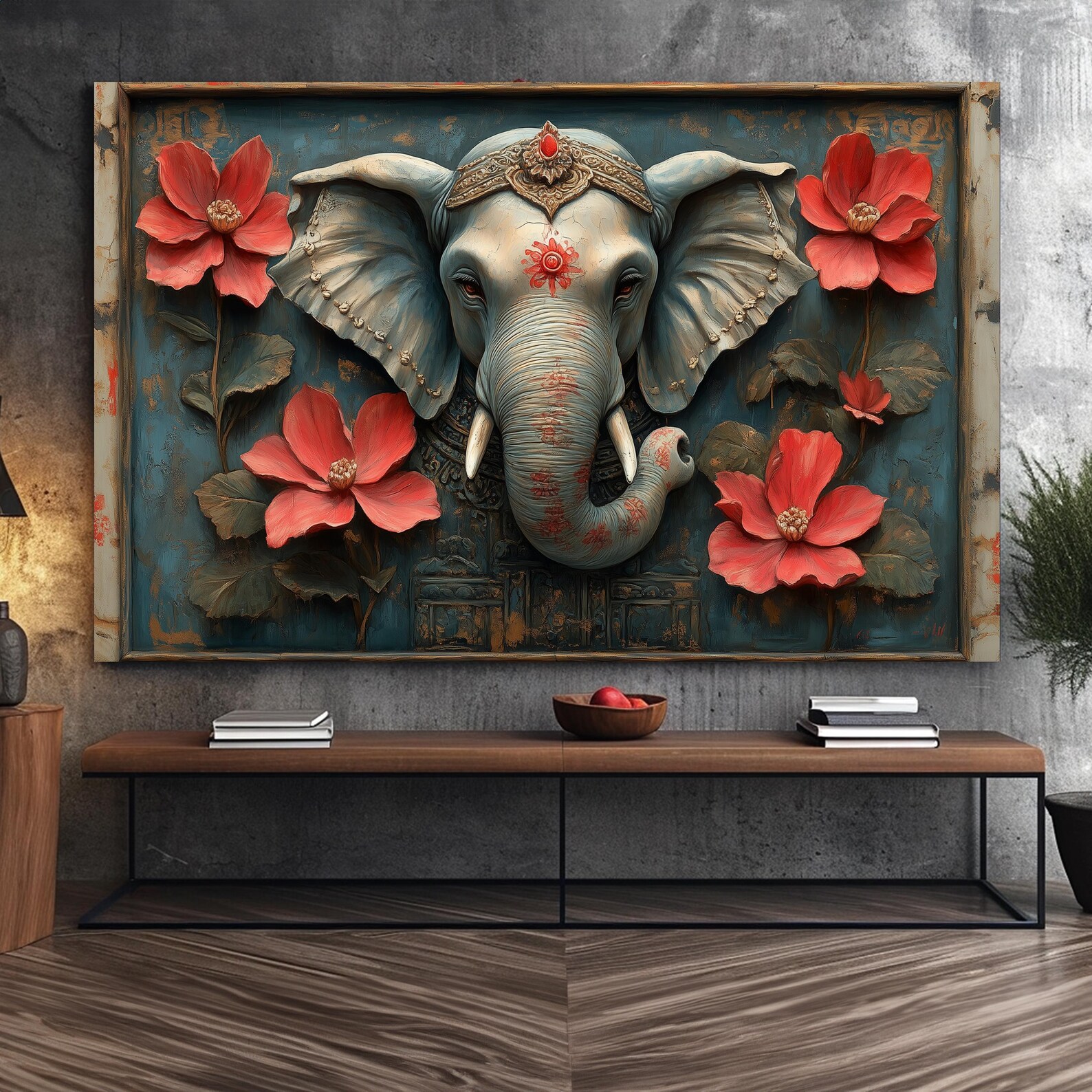 Indian Elephant Extra Large Wall Art – Printed Red Flower Artwork for ...