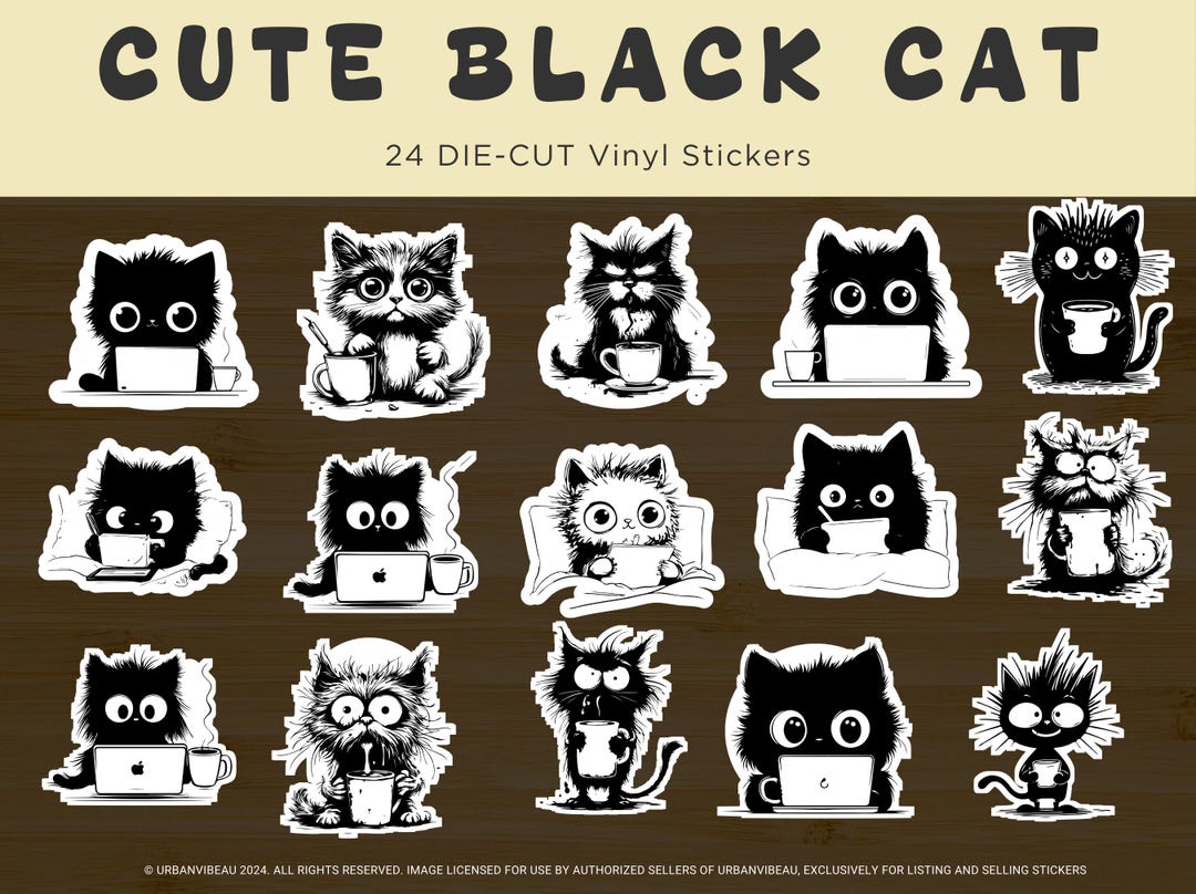 Black Cat Die-cut Sticker Pack – 24 Adorable Vinyl Laminated Stickers ...