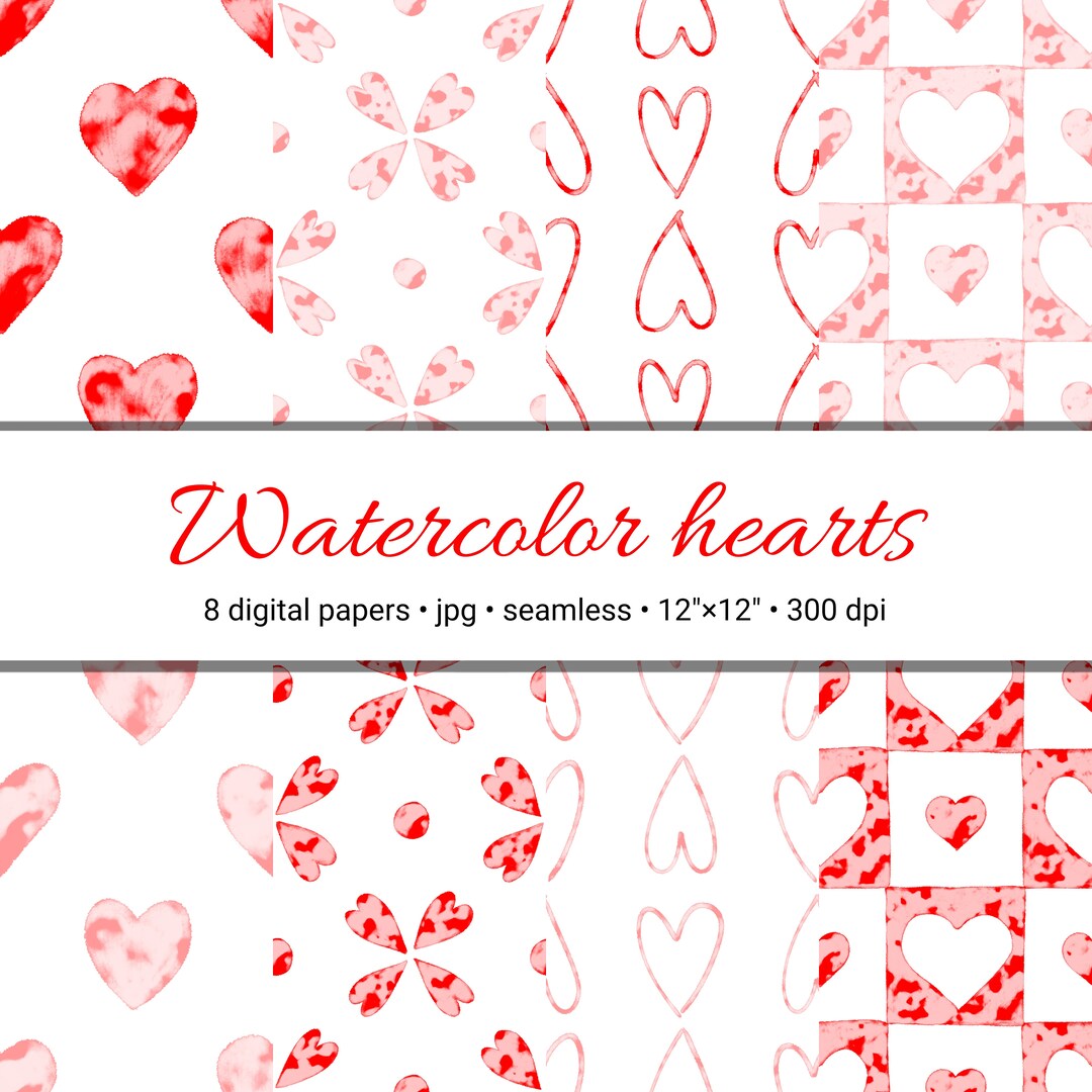Watercolor Hearts Digital Paper - Seamless Pattern - Valentine's Day ...