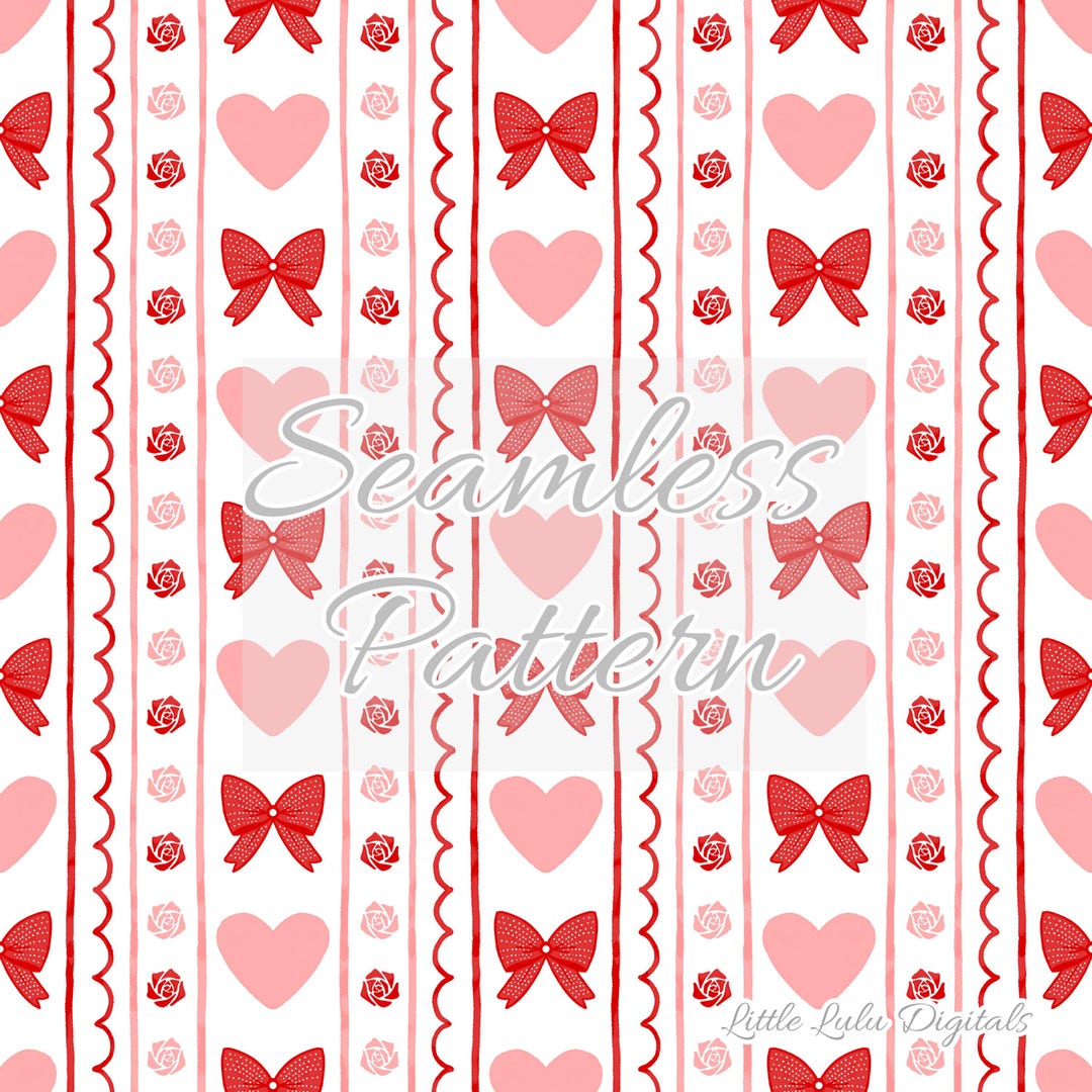 Watercolor Valentine's Day Heart Coquette Bow Stripes Seamless Pattern ...