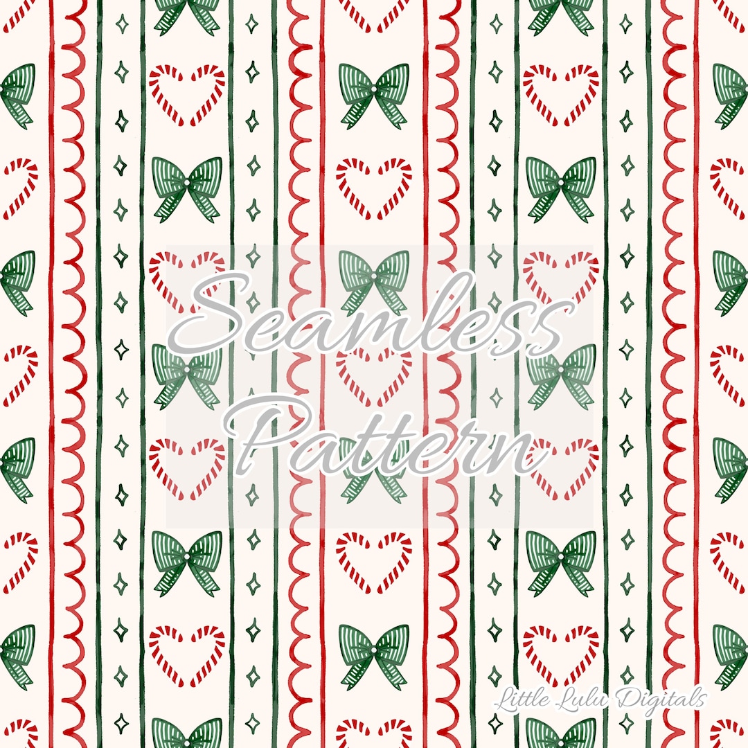 Christmas Candy Cane Stripes and Coquette Bows Seamless Pattern - Red ...