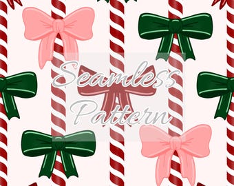Bow Candy Cane Seamless Pattern for Fabric Coquette Christmas Seamless ...