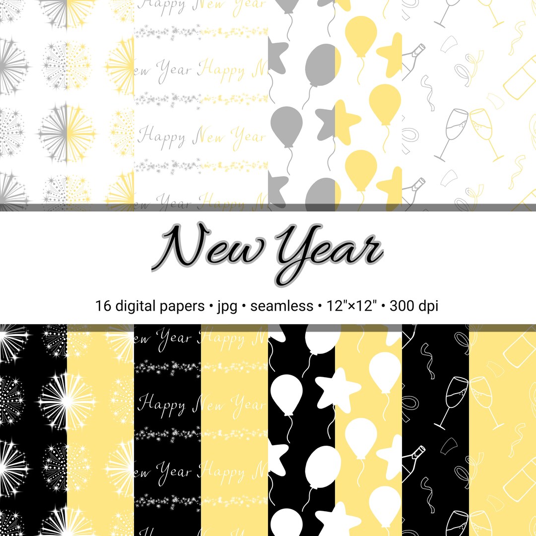 New Year Digital Paper - Seamless Patterns With Fireworks, Balloons ...