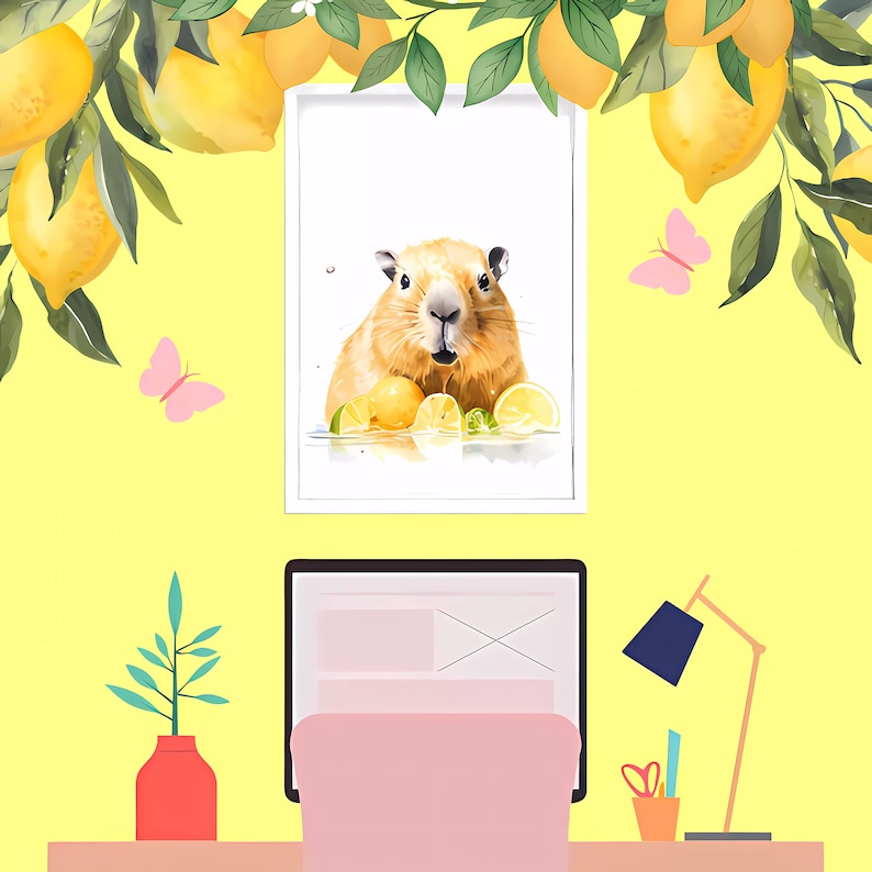 Capybara Lemon Watercolor Print Set, Animal Wall Art (digital Download ...
