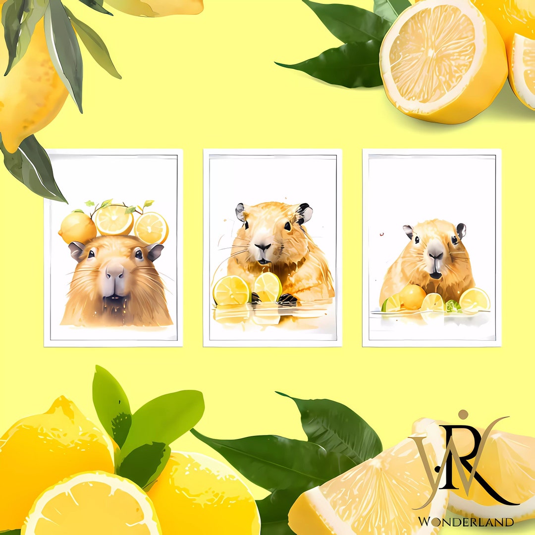 Capybara Lemon Watercolor Print Set, Animal Wall Art (digital Download ...