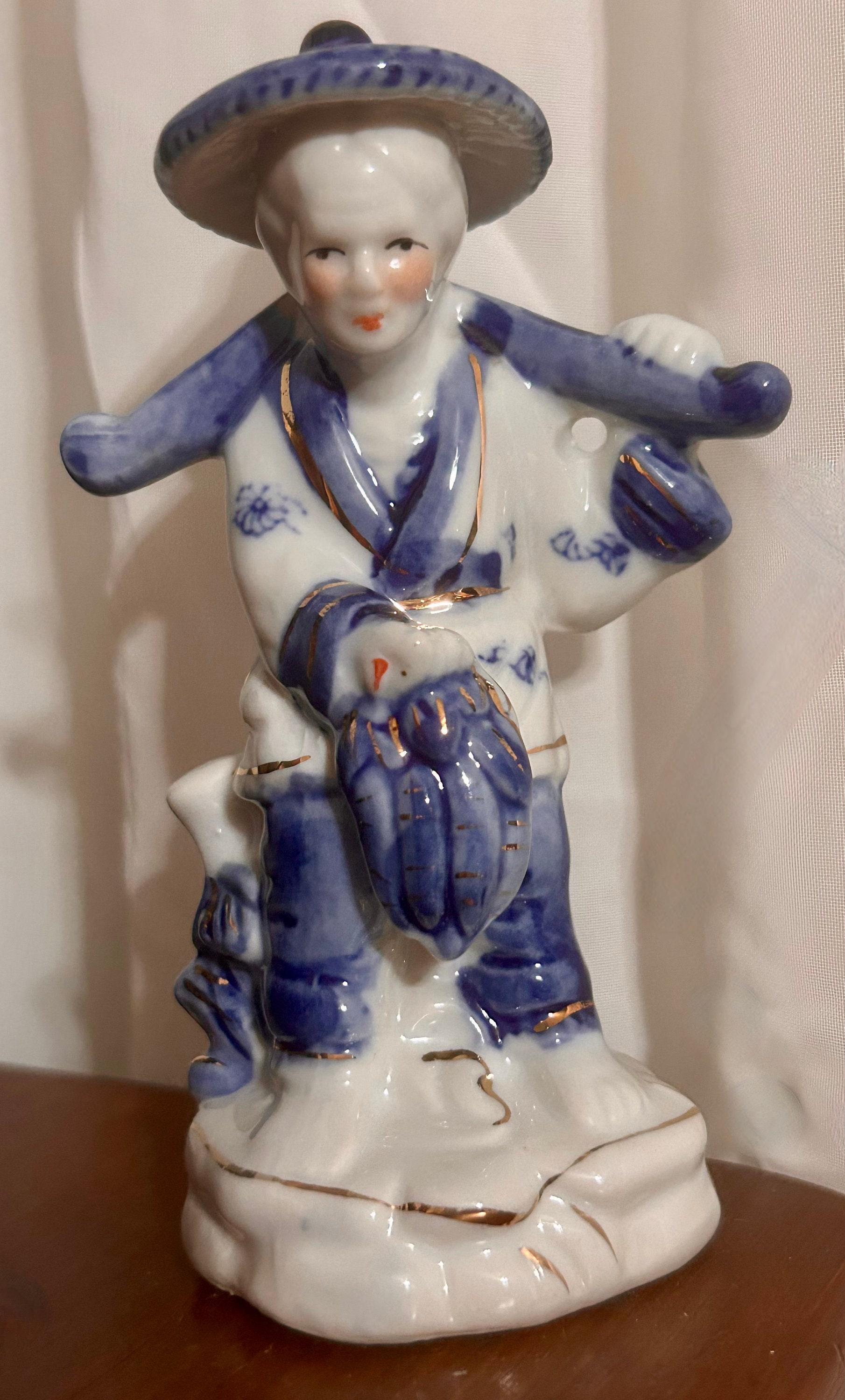 Chinese Man With Yoke Porcelain Figurine Small White Blue and Gold Trim ...