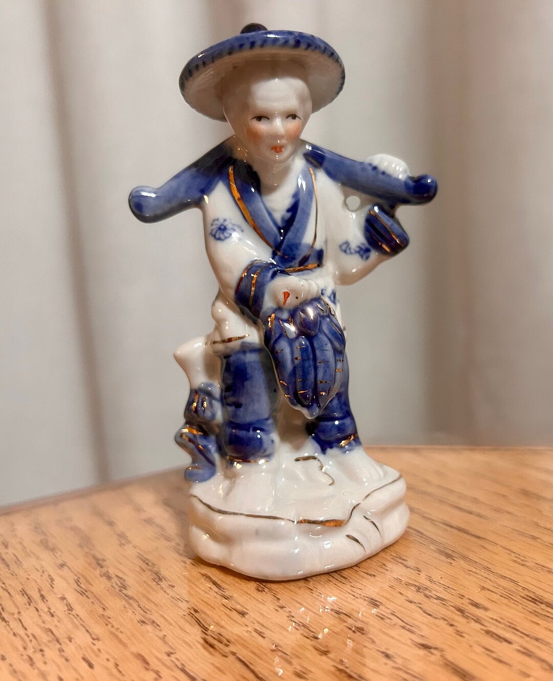 Chinese Man With Yoke Porcelain Figurine Small White Blue and Gold Trim ...