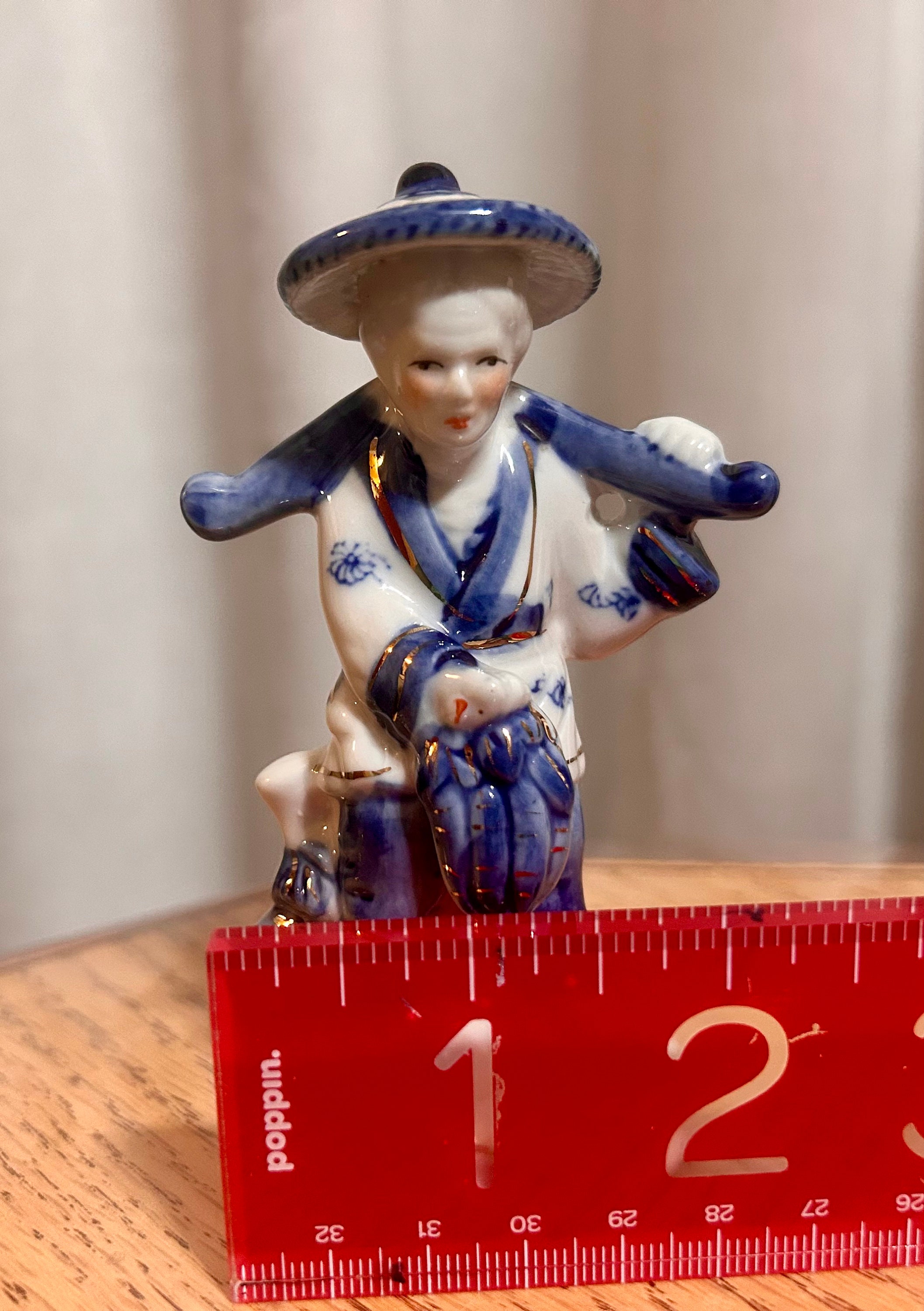 Chinese Man With Yoke Porcelain Figurine Small White Blue and Gold Trim ...