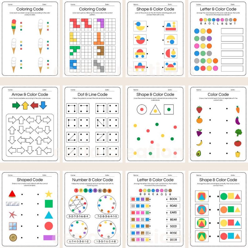 Preschool Coding Worksheets | Color, Shapes, Numbers | Early Learning ...