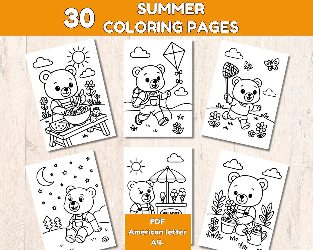 Summer Bear Coloring Pages for Toddlers, Preschoolers (PDF) - Etsy