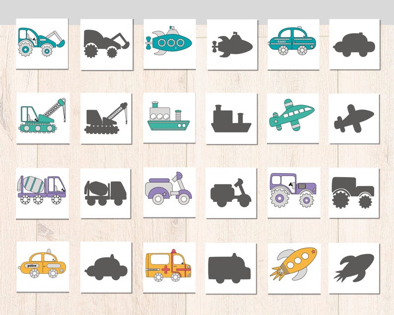 48 Transportation Shadow Matching Cards, Montessori Matching Cards ...