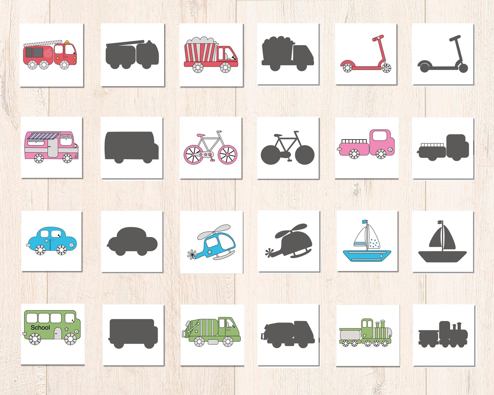 48 Transportation Shadow Matching Cards, Montessori Matching Cards ...