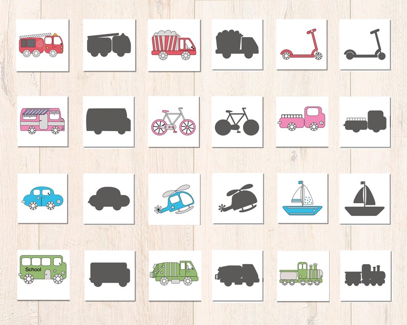 48 Transportation Shadow Matching Cards, Montessori Matching Cards ...
