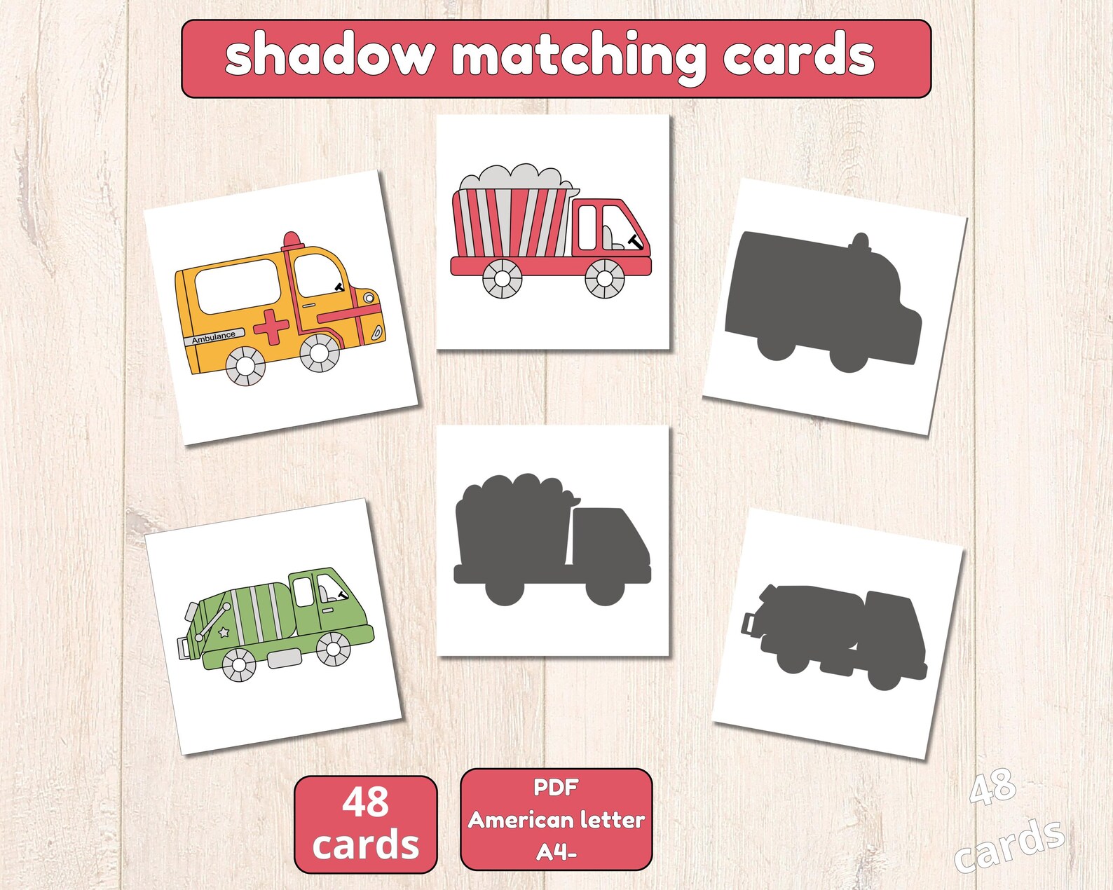 48 Transportation Shadow Matching Cards, Montessori Matching Cards ...