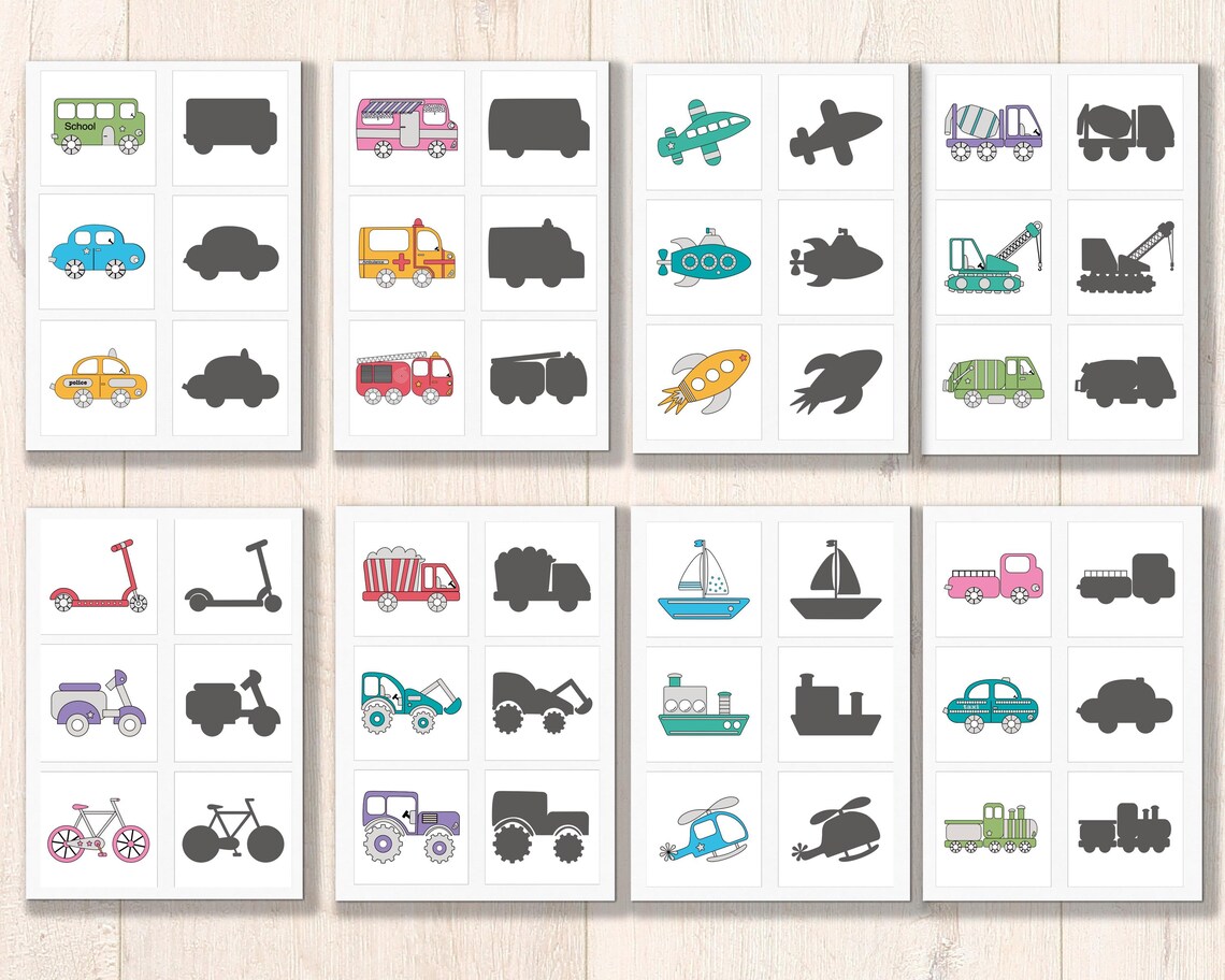 48 Transportation Shadow Matching Cards, Montessori Matching Cards ...