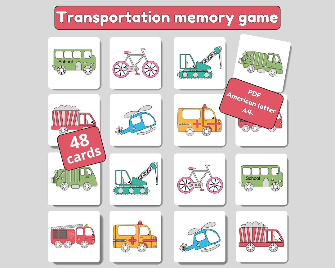 Printable Transportation Memory Game for Kids, Transportation ...