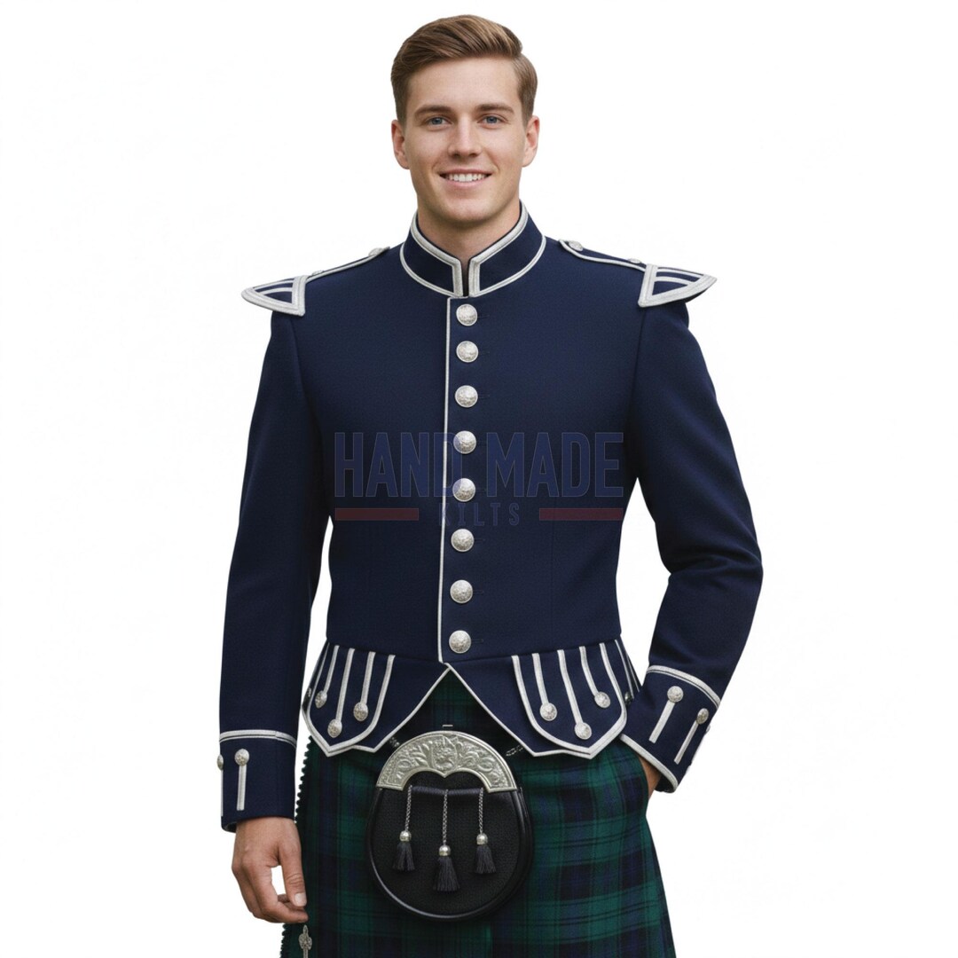 Military Piper Doublet Jacket – Navy Blue Silver Braided Melton Wool ...