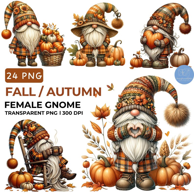 Fall Gnome Clipart Bundle: Watercolor Autumn Gnomes (PNG) (commercial ...
