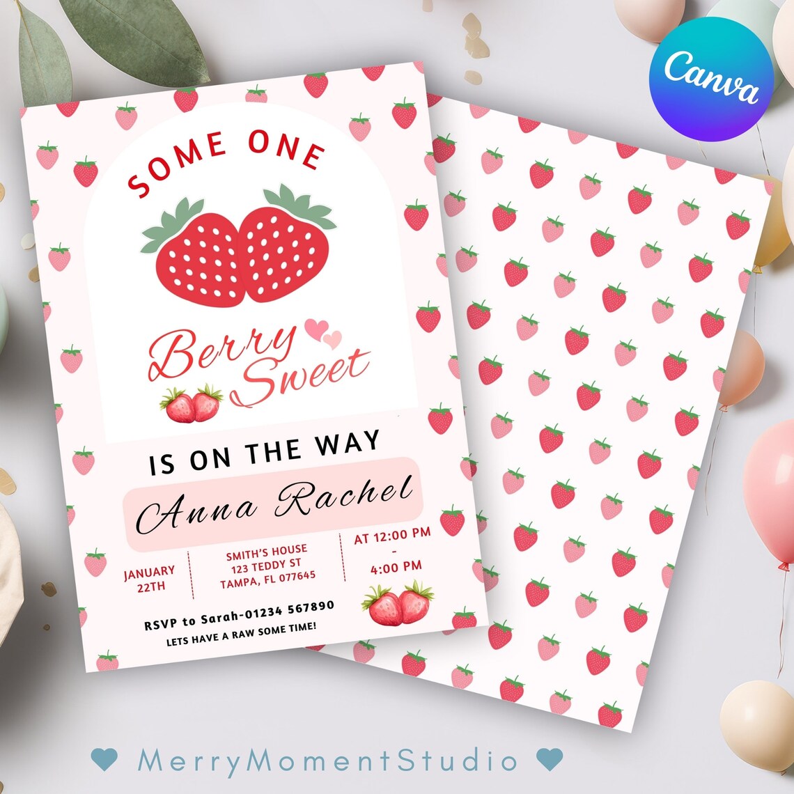 Editable Berry Sweet Baby Shower, Berry Sweet Invitation, Strawberry ...
