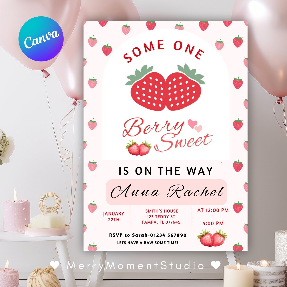 Editable Berry Sweet Baby Shower, Berry Sweet Invitation, Strawberry ...