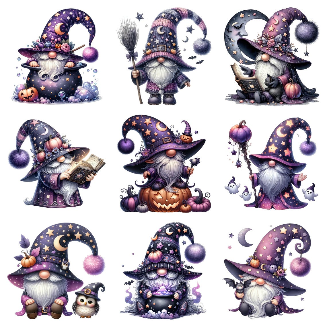 Halloween Gnome Clipart: Pumpkin Design, Spooky Watercolor Gnomes (PNG ...