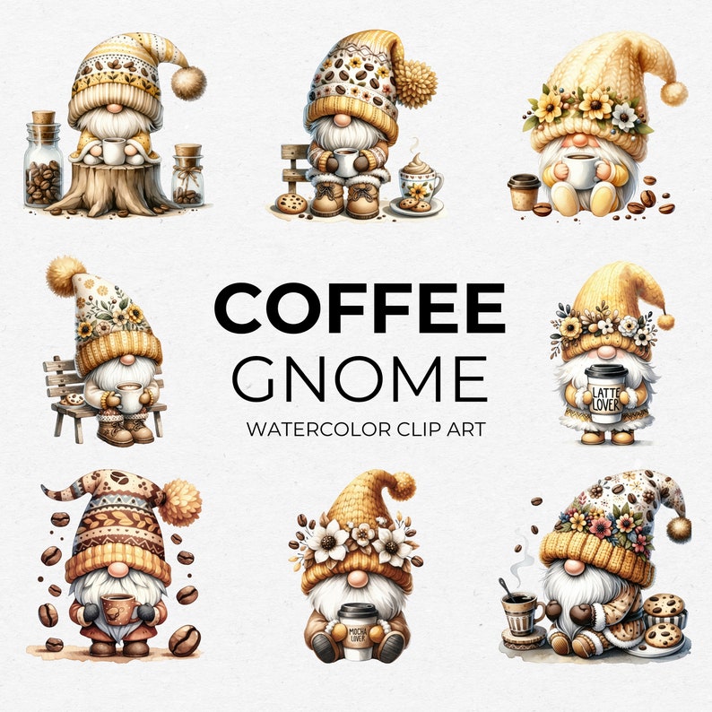 Watercolor Coffee Lover Gnomes, Cute Gnomes Clipart, Coffee Gnomes Png ...