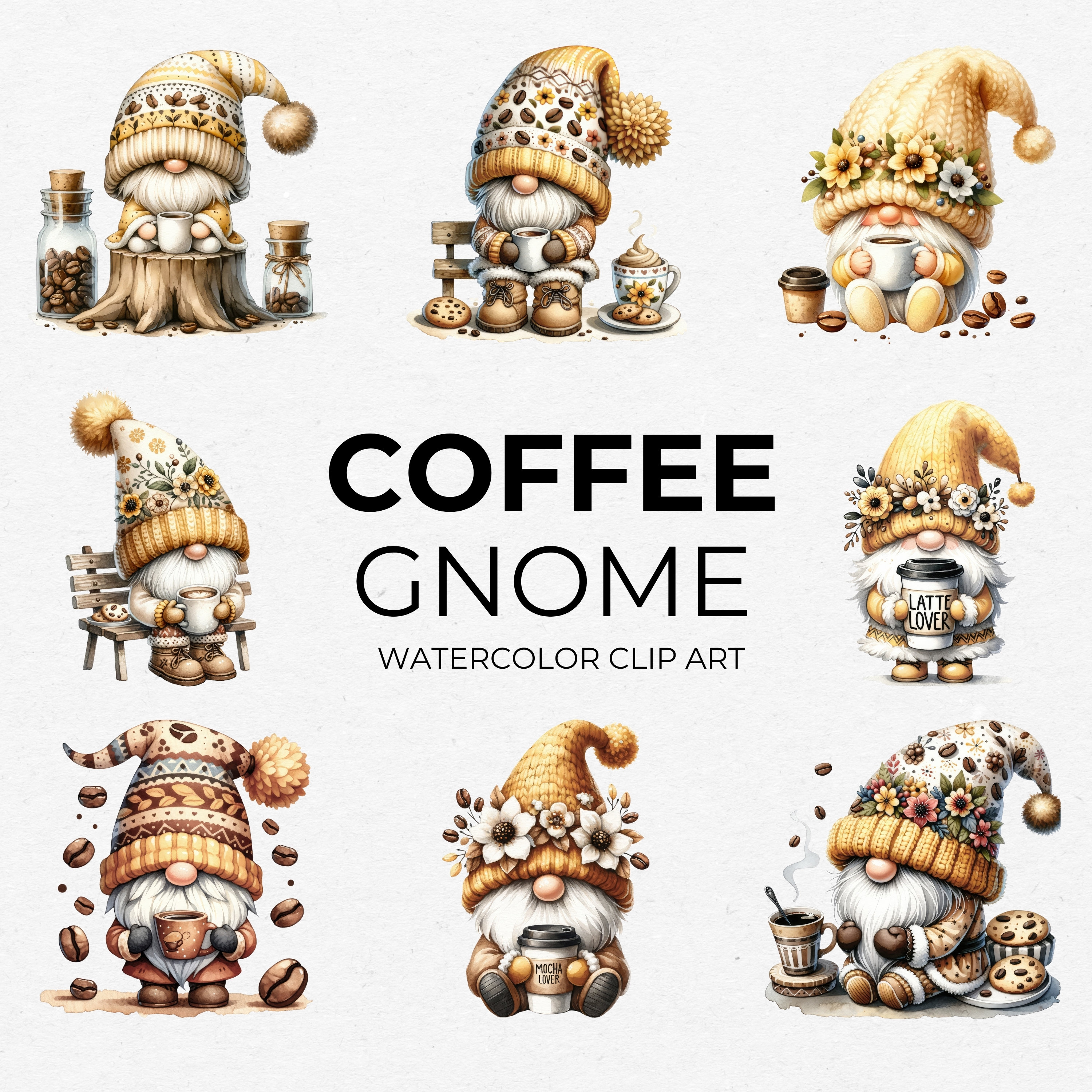 Watercolor Coffee Lover Gnomes, Cute Gnomes Clipart, Coffee Gnomes Png ...