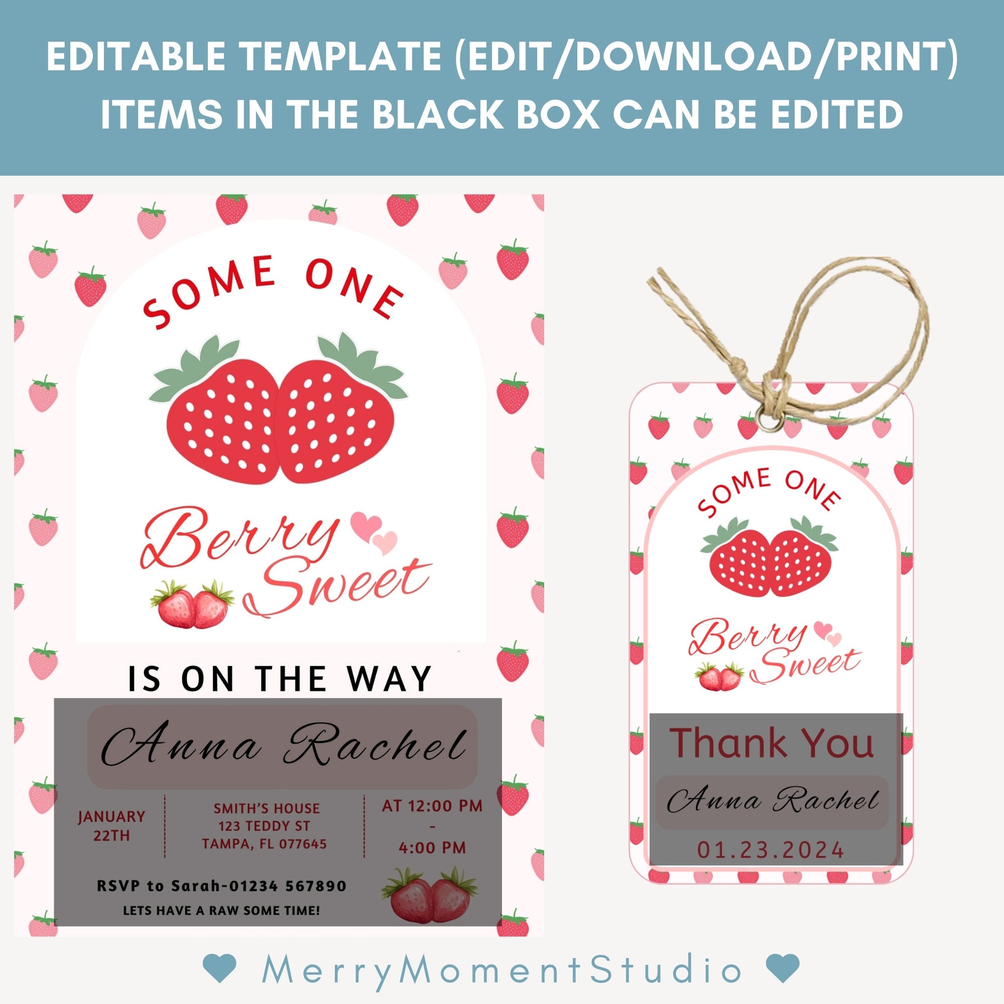 Editable Berry Sweet Baby Shower, Berry Sweet Invitation, Strawberry ...