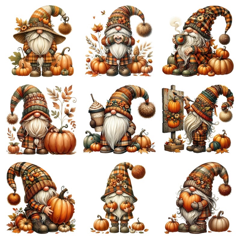 Fall Gnome Clipart Bundle: Watercolor Autumn Gnomes (PNG) (commercial ...