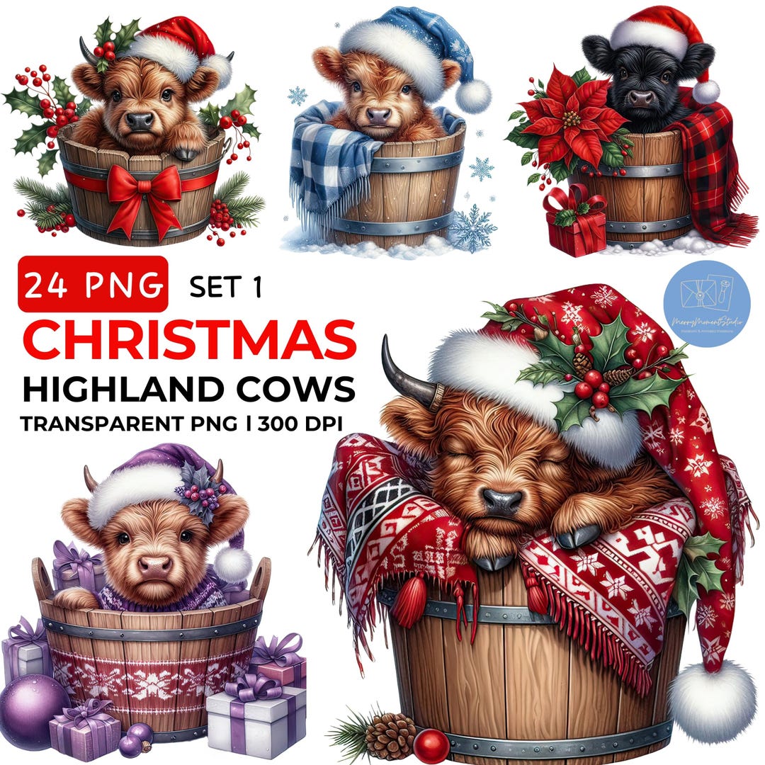 Watercolor Christmas Highland Cows Clipart, 24 Pngs (commercial Use) - Etsy