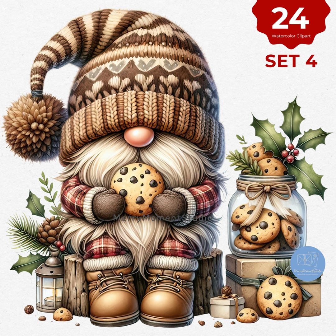 Watercolor Gingerbread Gnome Clipart PNG Bundle: Christmas Holiday ...