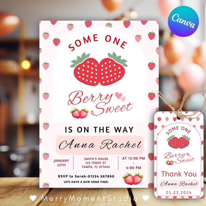 Editable Berry Sweet Baby Shower, Berry Sweet Invitation, Strawberry ...