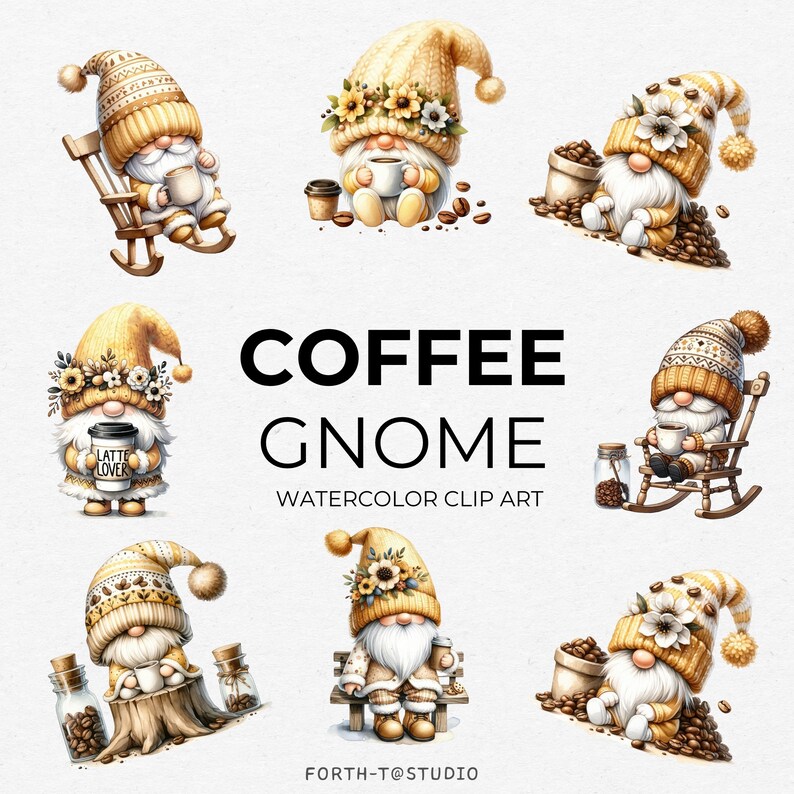Watercolor Coffee Lover Gnomes, Cute Gnomes Clipart, Coffee Gnomes Png ...