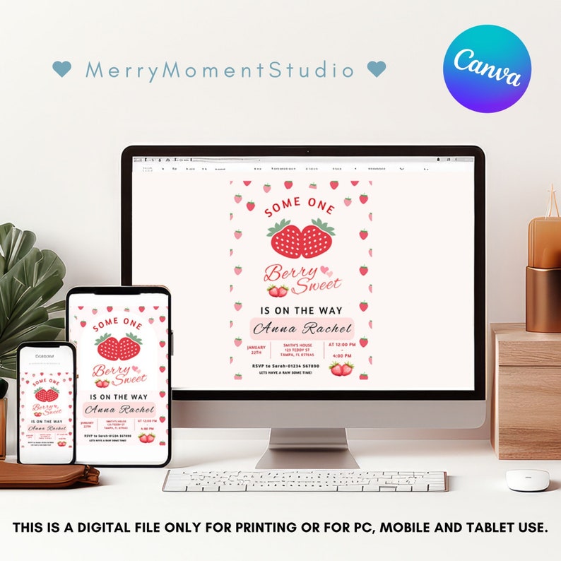 Editable Berry Sweet Baby Shower, Berry Sweet Invitation, Strawberry ...