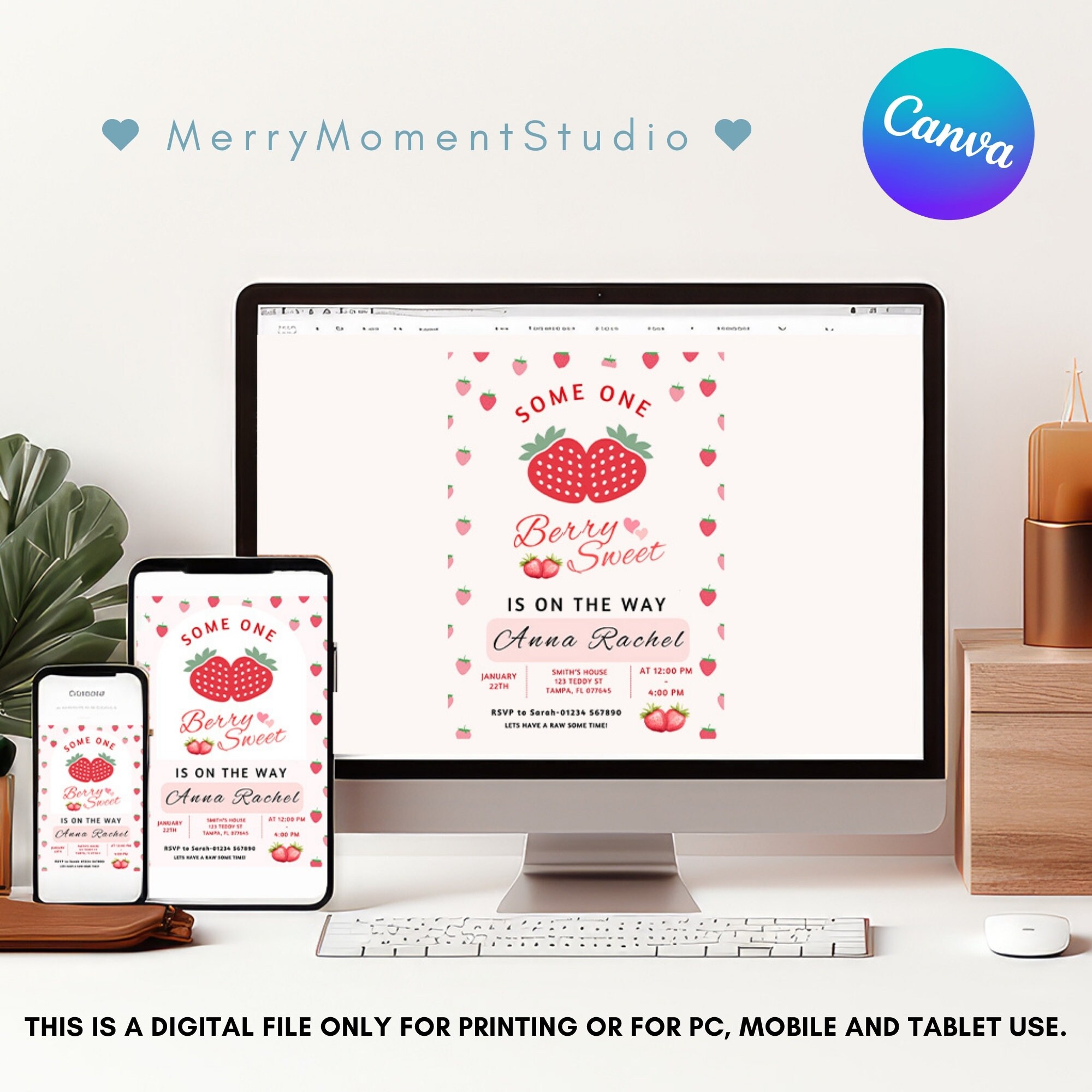 Editable Berry Sweet Baby Shower, Berry Sweet Invitation, Strawberry ...