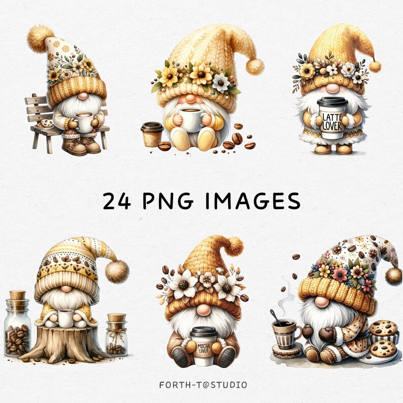 Watercolor Coffee Lover Gnomes, Cute Gnomes Clipart, Coffee Gnomes Png ...