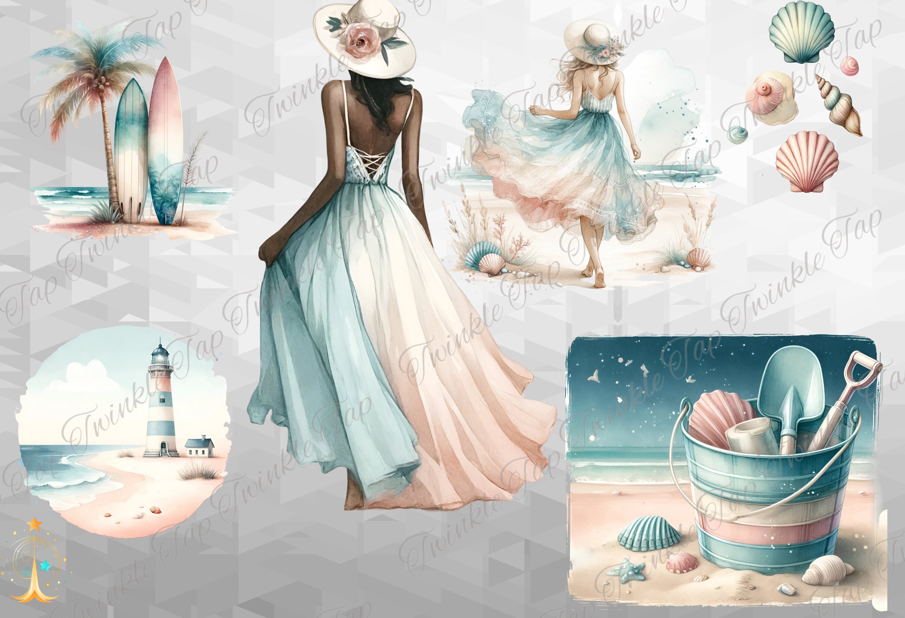 Summer Beach Watercolor Clipart Set, Vacation Clip Art, Boho Tropical ...