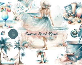 Summer Beach Watercolor Clipart Bundle Vacation Clip Art Boho Tropical ...