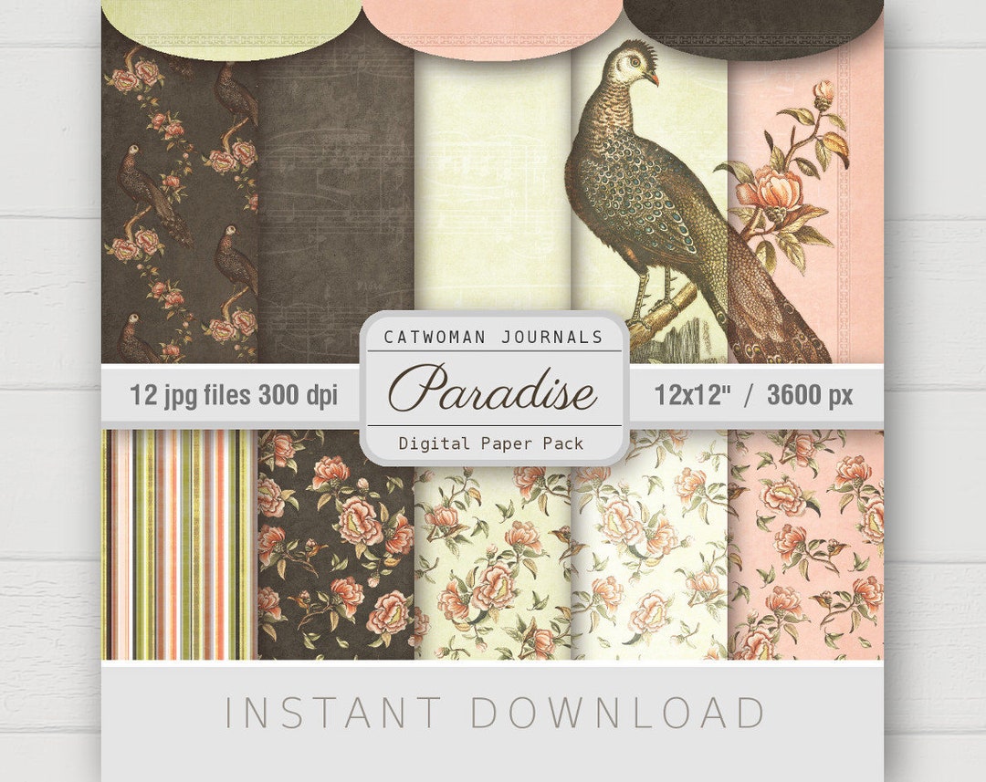 Floral Bird Digital Scrapbook Paper: Antique Style (digital Download ...