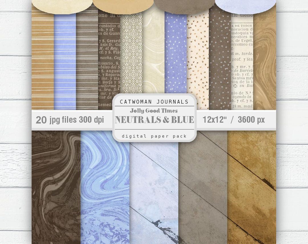 NEUTRALS & BLUE Digital Scrapbook Paper Black Grey Brown Blue Neutral ...