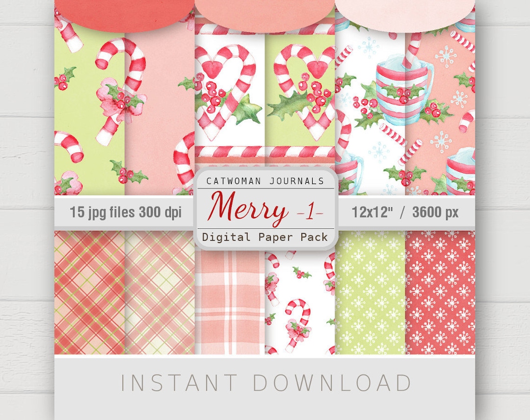 MERRY Digital Scrapbook Paper, Christmas Holiday Season, Watercolor ...