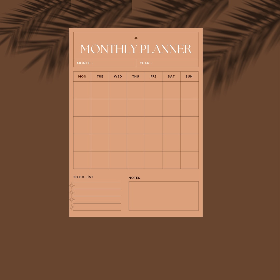 Undated Monthly Planner Printable Landscape, Monday & Sunday Start, Ink ...