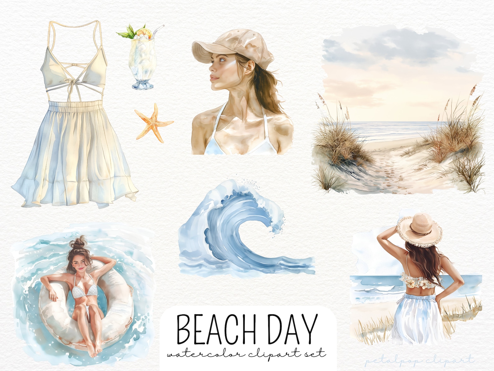 Beach Day Clipart, Summer Watercolor Clipart, Ocean Clipart, Beach ...