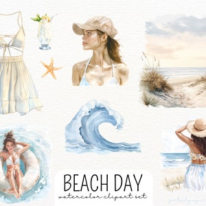 Beach Day Clipart, Summer Watercolor Clipart, Ocean Clipart, Beach ...