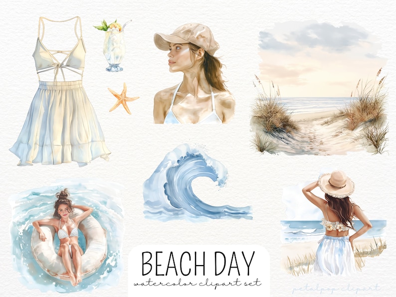 Beach Day Clipart, Summer Watercolor Clipart, Ocean Clipart, Beach ...